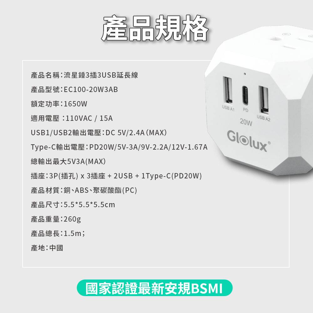 Glolux 流星錘 3面插座3孔3P插頭+2USB + 1Type-C(PD20W)延長線1.5M(5尺)免運費 | 蝦皮購物