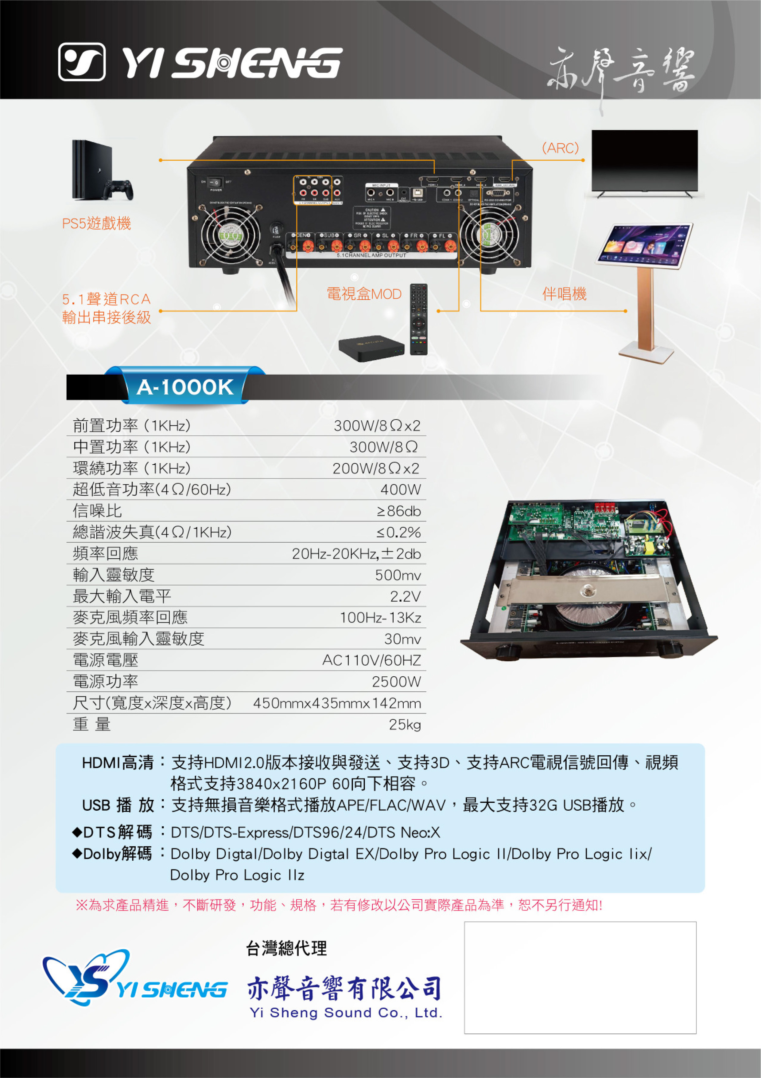 YI SHENG A-1000K 智能5.1聲道 杜比解碼 高功率 三機一體高級擴大機 | 蝦皮購物