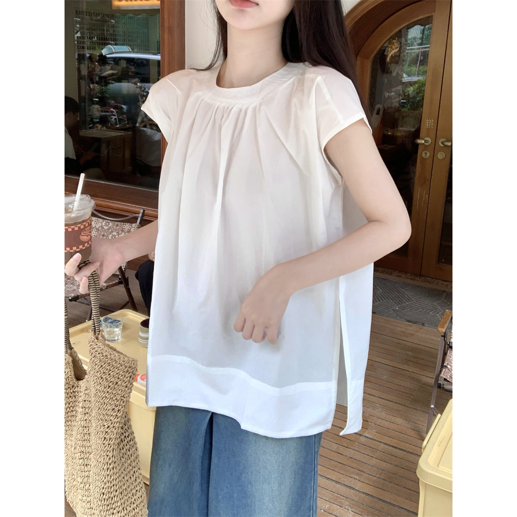 【K-Chic】甜美風粉色短袖襯衫女 韓版 夏季 開叉 設計感 寬松 休閑中長款上衣 甜妹上衣 甜妹襯衫 休閒上衣 | 蝦皮購物