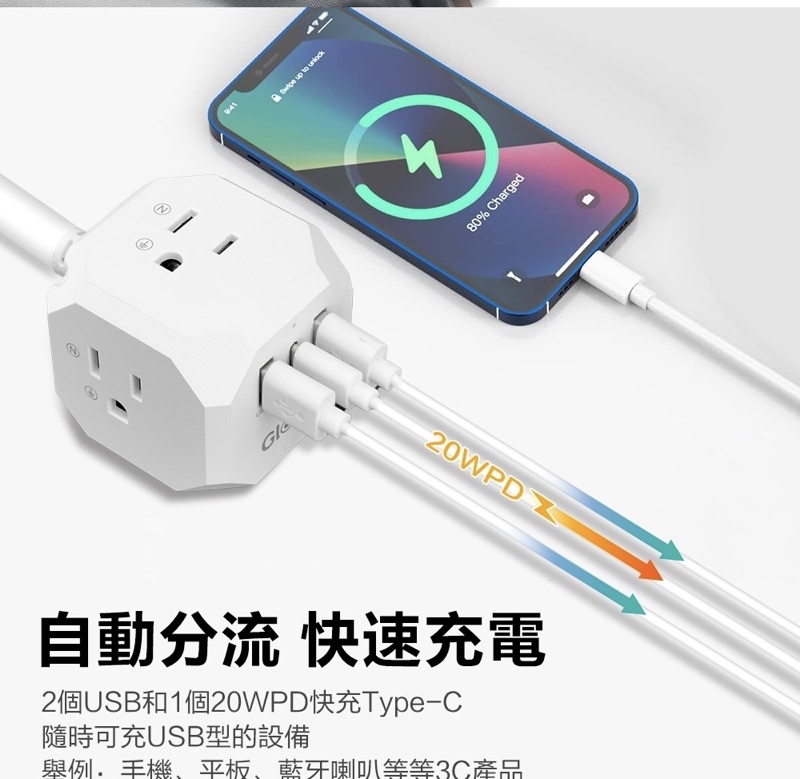 【Glolux】流星錘 3面插座3孔3P插頭+2USB+1Type-C(PD20W)延長線1.5M(5尺) | 蝦皮購物