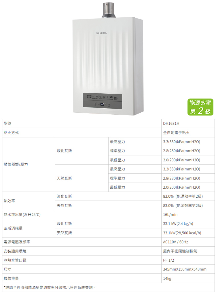 SAKURA 櫻花 16L POWER四季溫智能恆溫熱水器 DH-1631H(NG1/FE式)天然瓦斯 | 蝦皮購物