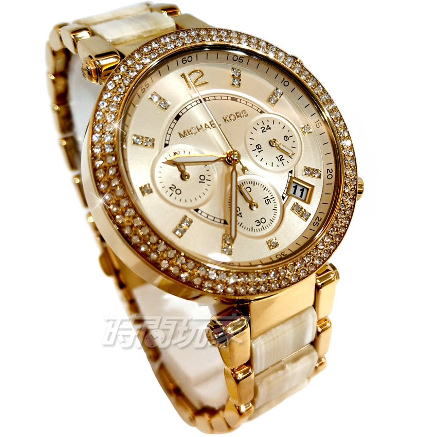MK 邁可·寇斯 MICHAEL KORS 設計款 MK6806 鑲鑽 三眼錶 複合式錶帶 女錶 鑽錶【時間玩家】 | 蝦皮購物