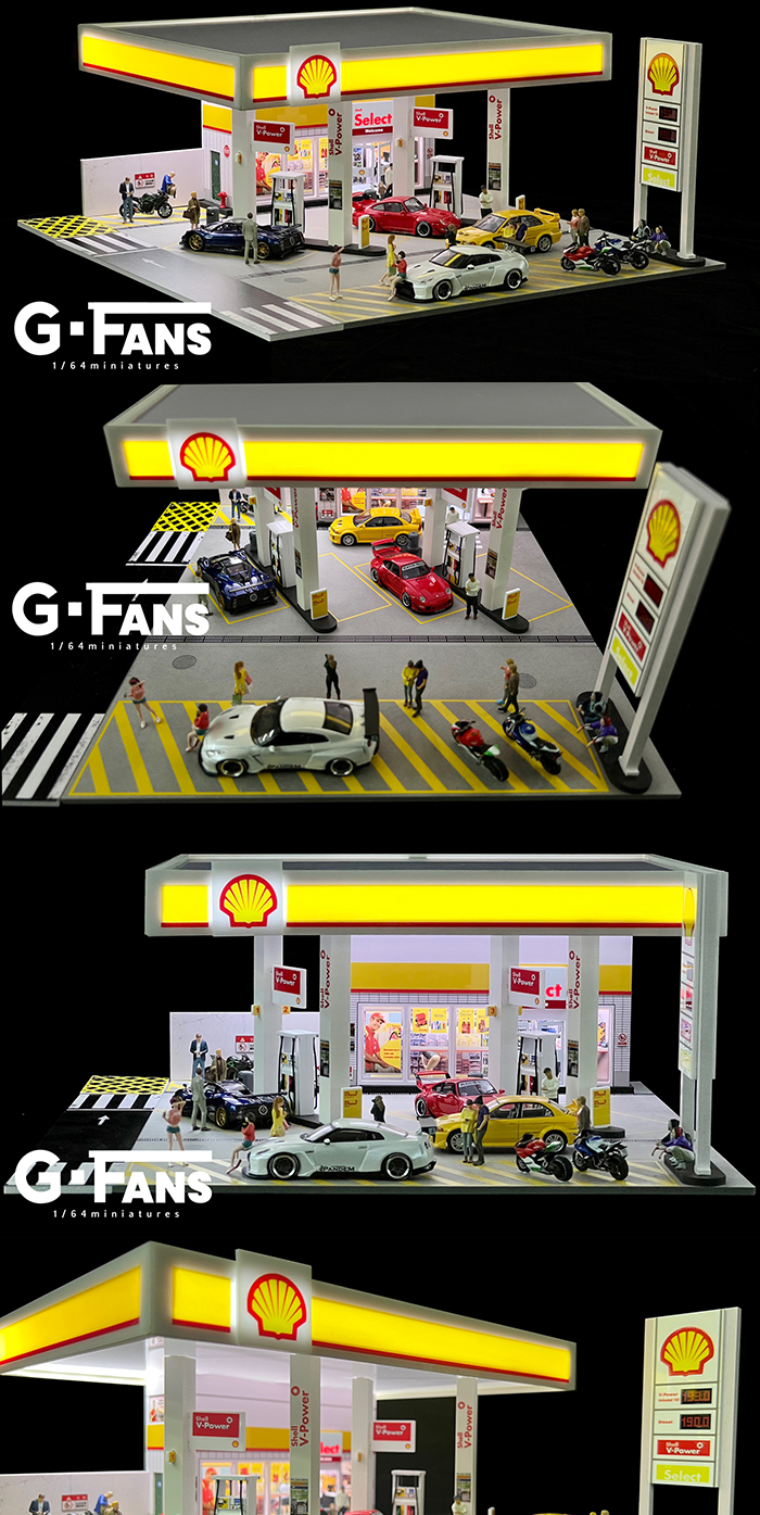 gfans 1 : 64 shell 殼牌 加油站 建築 場景 模型 車位 停車場 帶 led燈 擺件 | 蝦皮購物