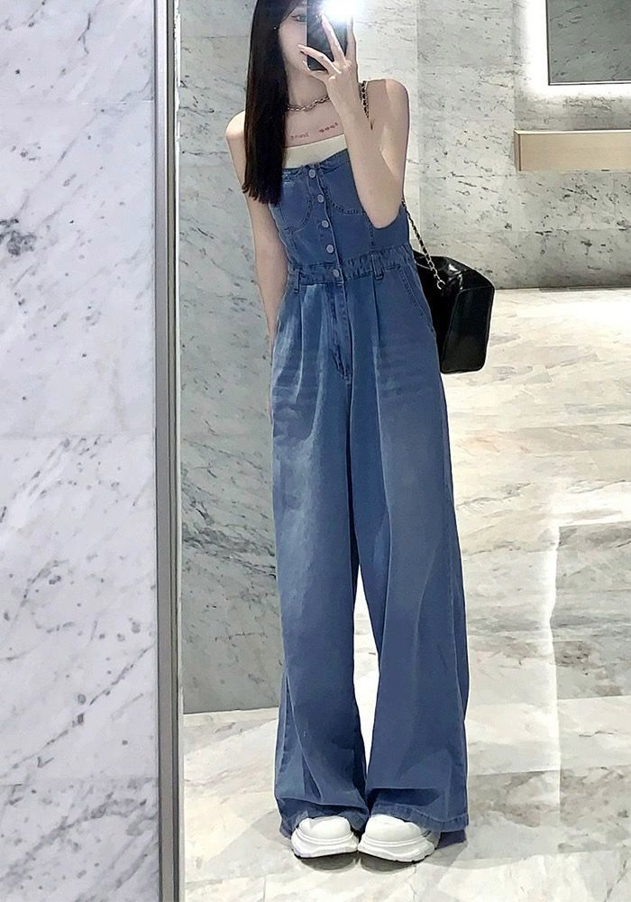 SISI【J24001】美式休閒甜酷牛仔可調節背帶褲顯瘦修身吊帶褲直筒褲高腰口袋拉鏈闊腿褲連體褲連身褲長褲 | 蝦皮購物