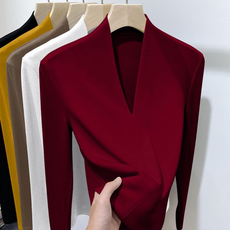 【Wei Mi Rui】V領雙面德絨加絨加厚長袖 秋冬修身洋氣內搭打底衫 修身上衣 純色發熱衣 保暖休閒內搭衣服 女裝 | 蝦皮購物