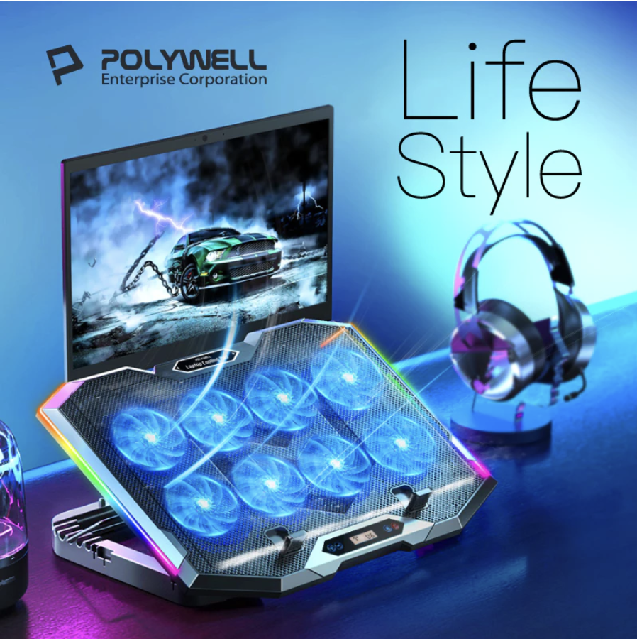 POLYWELL 8風扇筆電散熱支架 10色RGB燈 五段角度可調 風速可控 附手機支架 筆電降溫墊 寶利威爾 台灣現貨 | 蝦皮購物
