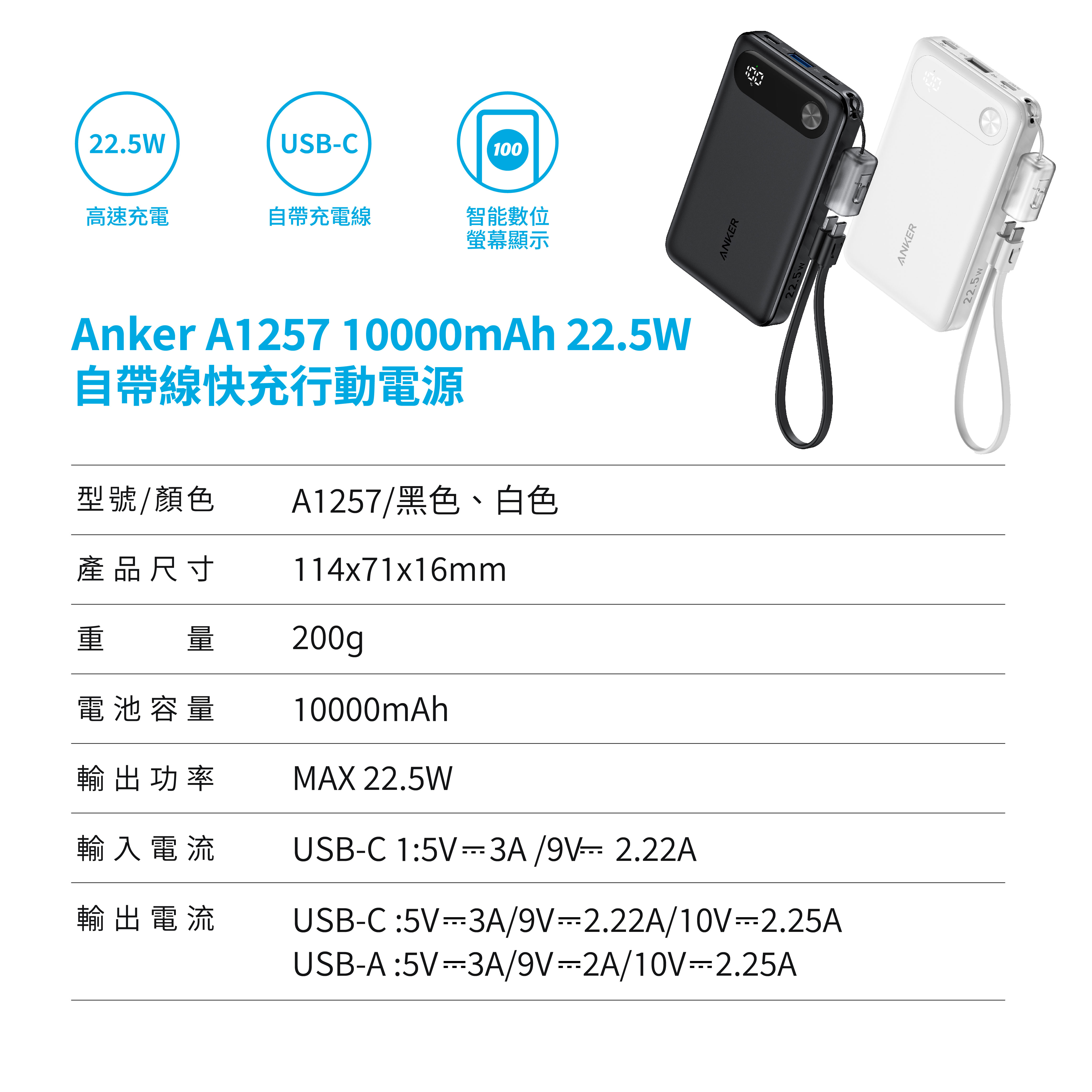 ANKER 授權直營 Anker 行動電源 10000mAh 22.5W 自帶線快充(黑/白) A1257 | 蝦皮購物