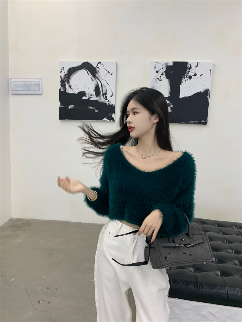 水貂毛V領短版上衣【128】PAPI女裝批發價秋冬新款韓系INS休閒百搭氣質長袖針織上衣 針織衫針織毛衣 | 蝦皮購物