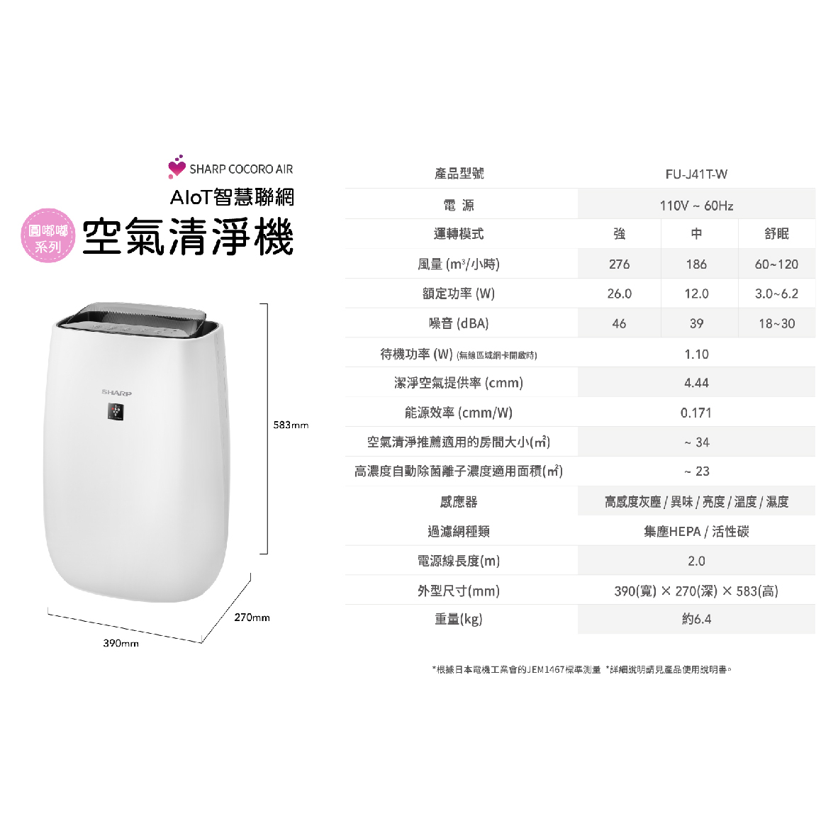 SHARP 夏普 FU-J41T-W 雞蛋白 遠端控制 一級能效 約適用10.3坪 四段風量 空氣清淨機 | 金曲音響 | 蝦皮購物