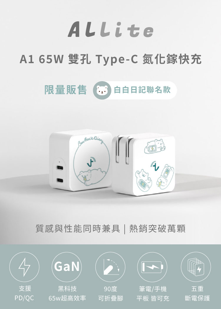 【Allite x 白白日記聯名】Allite A1 65W氮化鎵快充頭《有點厲害日韓代購》充電器 快充 | 蝦皮購物