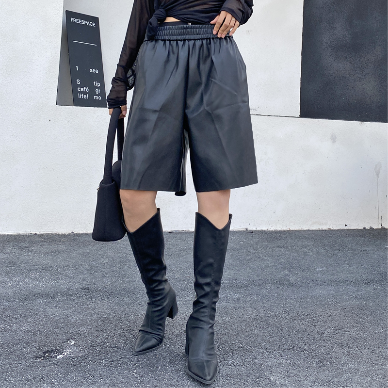 Y2 style ️PU皮革五分褲短褲寬褲u ️Y2style歐美設計款寬鬆韓版個性大尺碼【f86510】 | 蝦皮購物