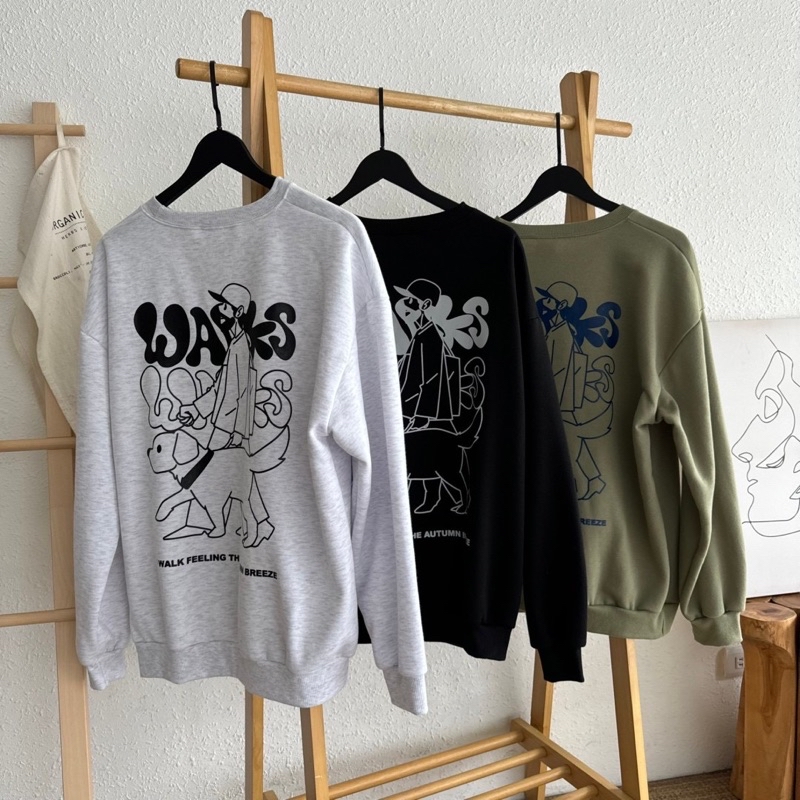 [現貨]韓國 可愛 遛狗大叔 插畫 漫畫 刷毛大學T 寬鬆 落肩 軍綠 男生 情侶 | 蝦皮購物