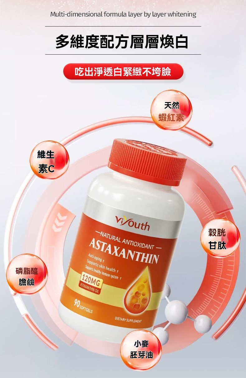 美國Viyouth 進口蝦紅素 嫩白肌膚天然濃縮高含量膠囊 90粒官方正品 | 蝦皮購物