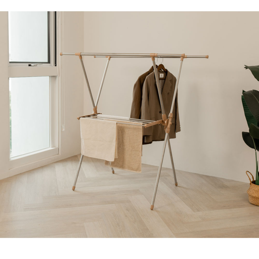 【ikloo】不銹鋼X型多功能折疊曬衣架 (獨家奶茶色 伸縮曬衣架 被子收晾衣架 衣物收納架) | 蝦皮購物