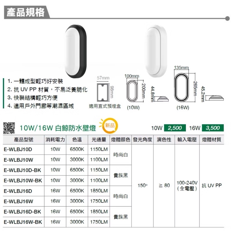 『911水電批發』附發票 舞光 白鯨防水 壁燈 吸頂燈 10W 16W 24W 白光 黃光 IP66 防水 防塵 抗UV | 蝦皮購物