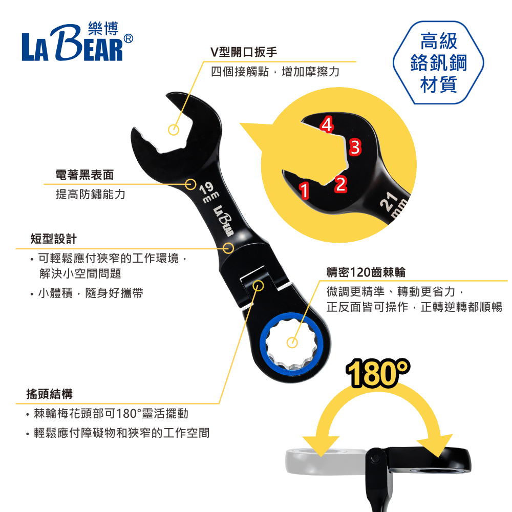 【LaBear】迷你搖頭電著黑棘輪梅開扳手 開口端防滑 8-19mm 梅開扳手 棘輪扳手 120齒 短扳手 台灣製 | 蝦皮購物