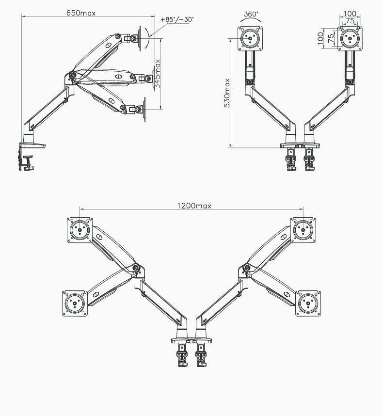 NB F195A 22~32吋 雙臂 雙螢幕支架 氣壓式 電腦螢幕支架 USB 3.0 螢幕增高架 鋁合金 H180 | 蝦皮購物