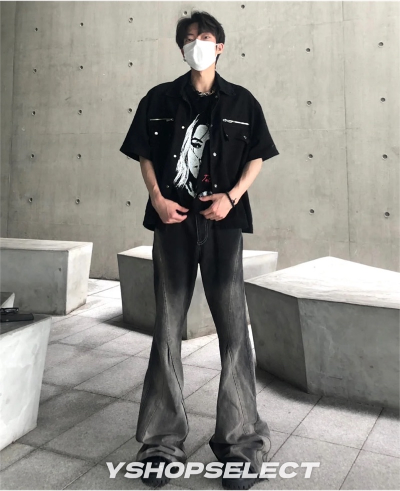 附影片🔥【YSHOP】 韓國連線🇰🇷 毛邊 黑灰色 水洗 漸變 微喇叭褲 修身 顯腿長神器 設計感 牛仔褲 男女首選🏆 | 蝦皮購物