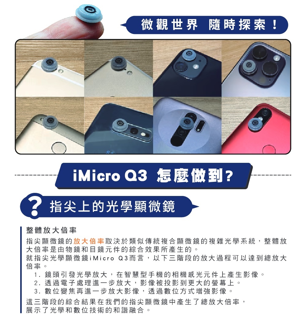 iMicro/Q3/手機顯微鏡/含尺規及對焦支架/超高700奈米解析/鈕扣尺寸/低失真/高倍率/智慧型手機均可使用 | 蝦皮購物