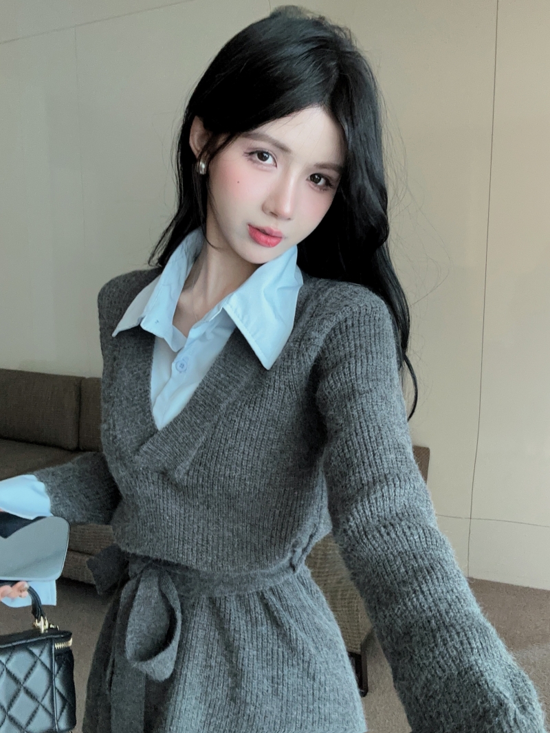 假兩件綁帶針織短洋【3101】PAPI女裝批發價秋冬新款韓系INS修身顯瘦氣質翻領長袖拼接連身洋裝 連身裙連衣裙 合身洋 | 蝦皮購物