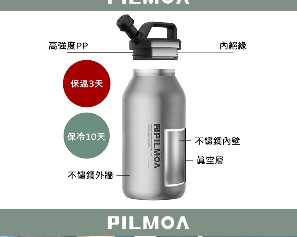 PILMOA E4000 保溫保冰不鏽鋼水壺壺架豪華組-消光黑/啞光銀/莫迪綠 (公司貨) 4000ml | 蝦皮購物