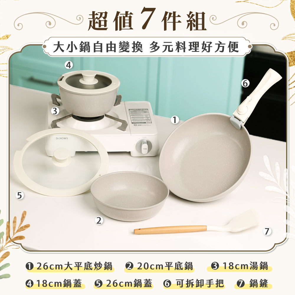 JOJOGO 北歐風可拆卸手把不沾鍋七件組 單購配件 麥飯石不沾鍋 麥飯石平底鍋 不沾鍋炒鍋 可拆式手把 可拆式手柄 | 蝦皮購物