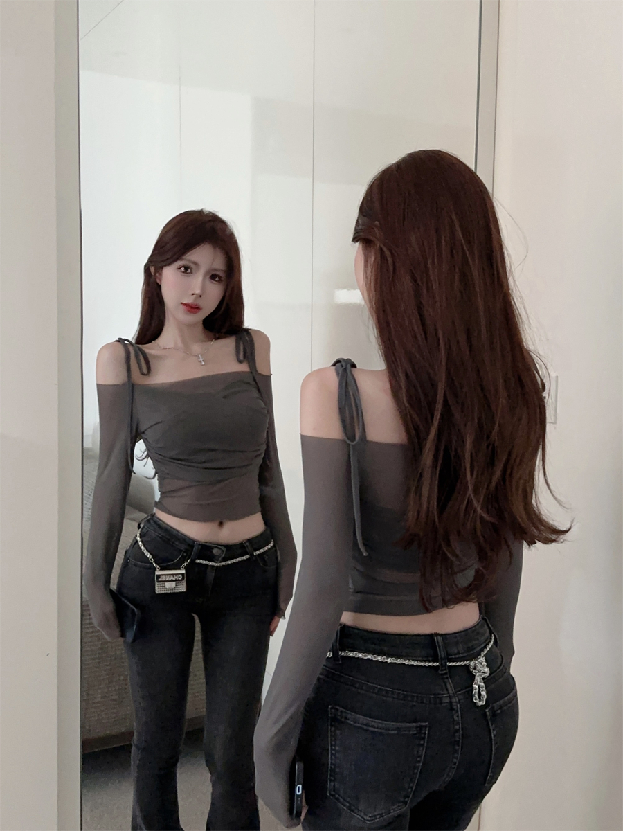 【太妮絲Q227】現貨 一字肩長袖T恤 透透上衣 紗網 綁帶 修身 短款上衣 性感 一字領 辣妹 | 蝦皮購物