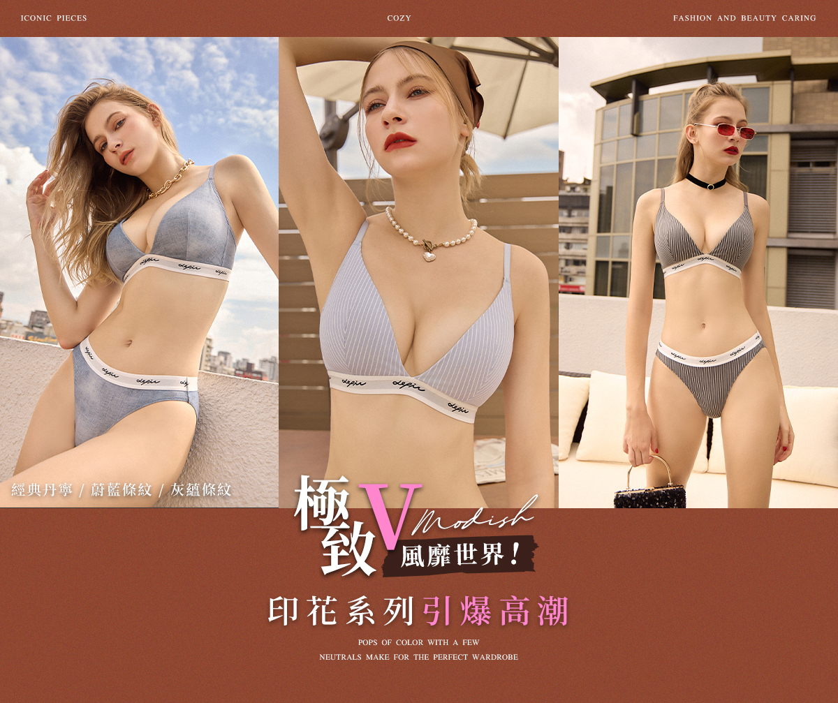 【DEPIC】Modish-極致V美胸低脊心無鋼圈訂製棉內衣組 (灰蘊條紋) | 蝦皮購物