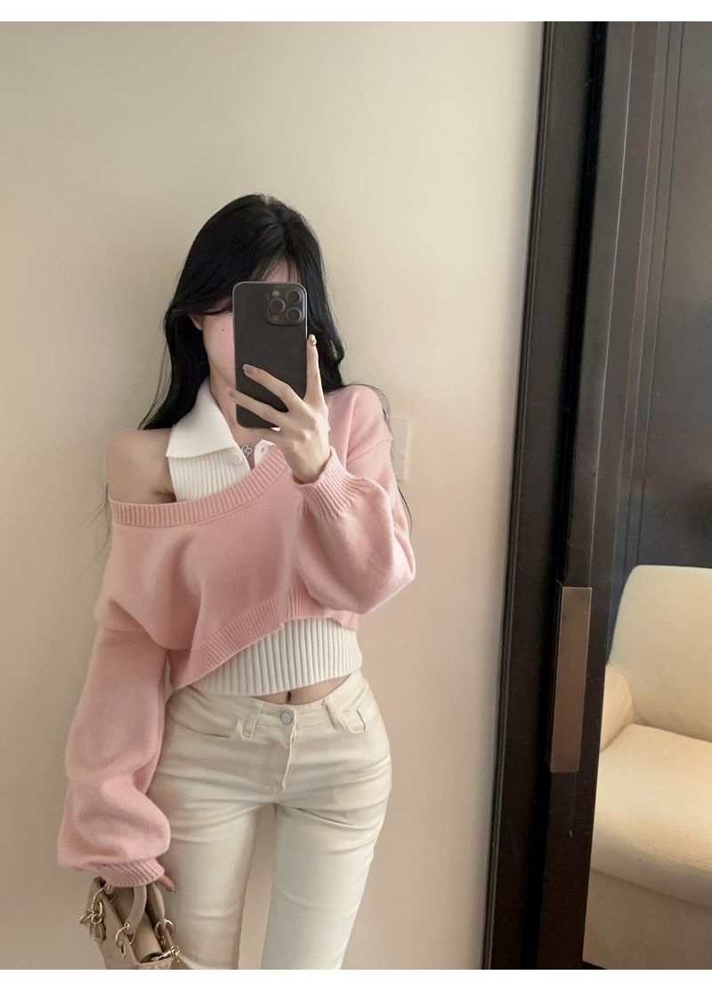 學院風兩件式上衣【7744】PAPI女裝批發價秋冬新款韓系INS休閒百搭氣質純欲甜美翻領長袖短版上衣 針織毛衣 兩件套 | 蝦皮購物
