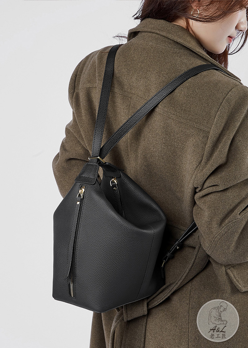 【A&L老工匠】真皮.頭層牛皮Laraine時尚多way水桶包肩背/後背包-經典黑 | 蝦皮購物