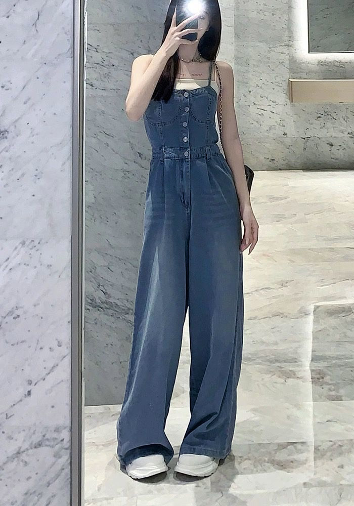 SISI【J24001】美式休閒甜酷牛仔可調節背帶褲顯瘦修身吊帶褲直筒褲高腰口袋拉鏈闊腿褲連體褲連身褲長褲 | 蝦皮購物