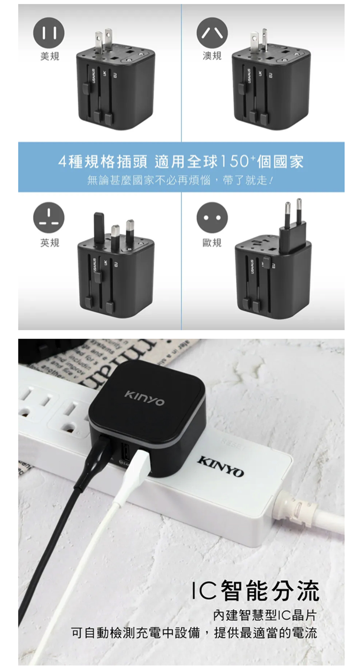 【KINYO】多合一萬國轉接頭(MPP-2345) 旅行插座 3USB 快充 豆腐頭 220V轉110VUSB充電 8A | 蝦皮購物