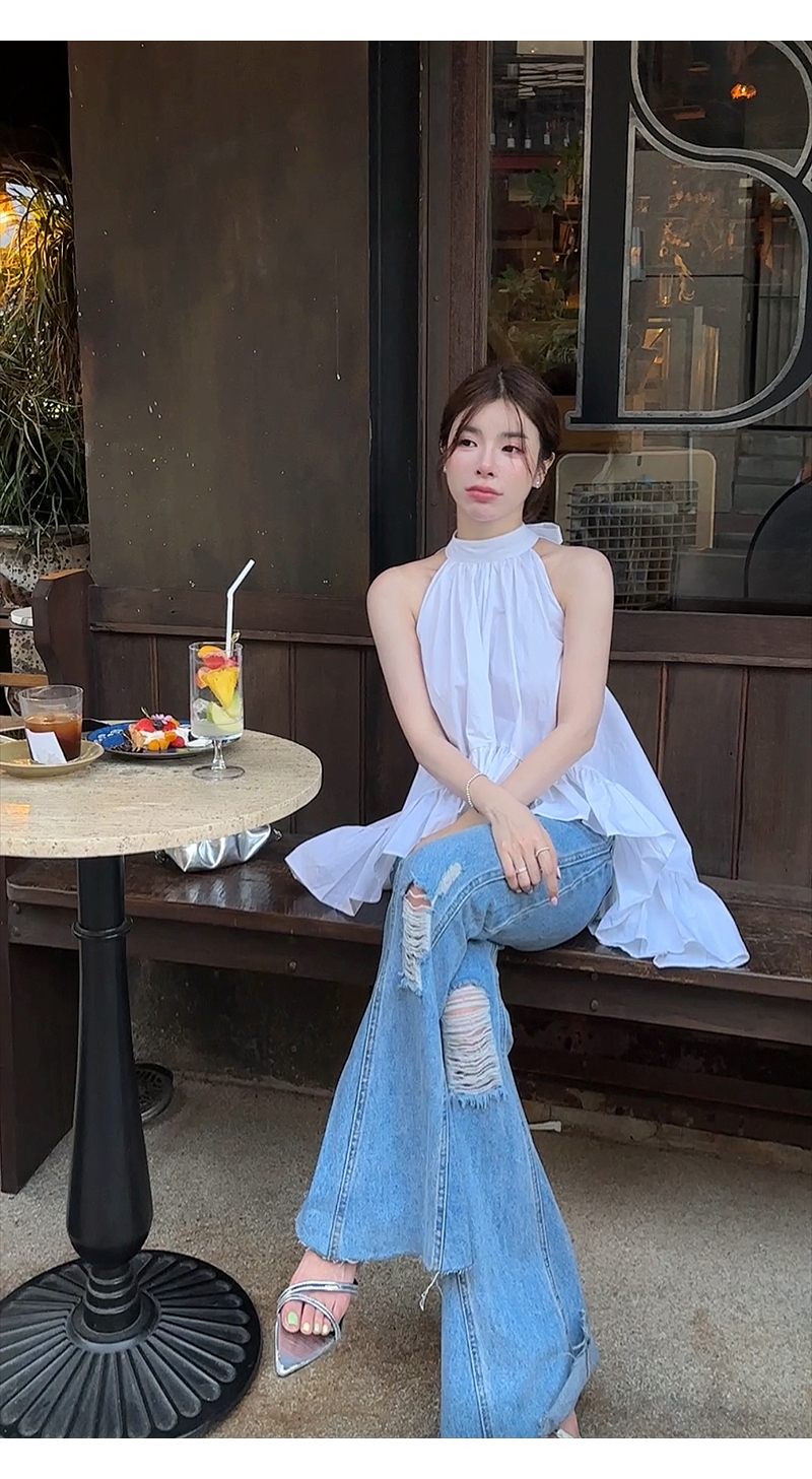 【PAPI】法式美背掛脖削肩上衣 春夏新款韓系INS休閒百搭露肩無袖荷葉邊削肩背心上衣 女裝批發價 【8919】 | 蝦皮購物