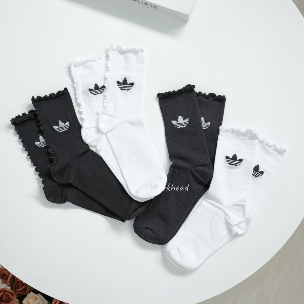 【Sharkhead】現貨 Adidas 中筒襪 長襪 襪 捲邊 花邊 荷葉邊 黑 白 HC9532 長襪 三葉草 襪子 | 蝦皮購物