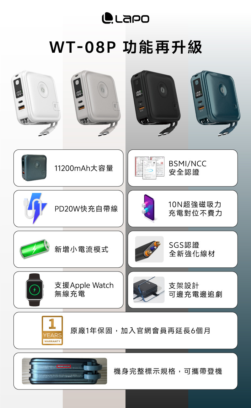 LaPO WT-08P 無線行動電源｜3.5代11200mAh 可登機｜支援Apple Watch｜附國際轉接頭｜現貨 | 蝦皮購物