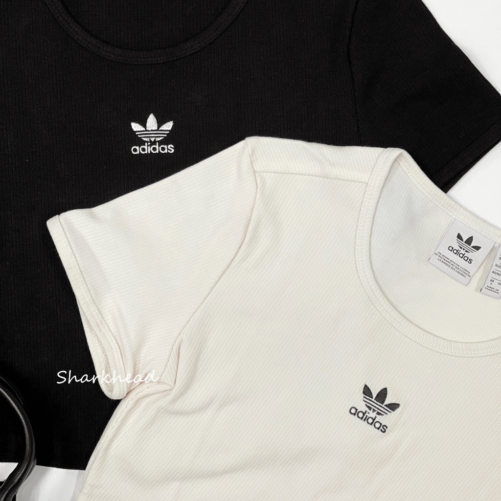 【Sharkhead】現貨 Adidas Essentials 短袖 短版 螺紋 刺繡 黑 米白 基本款 II8057 | 蝦皮購物