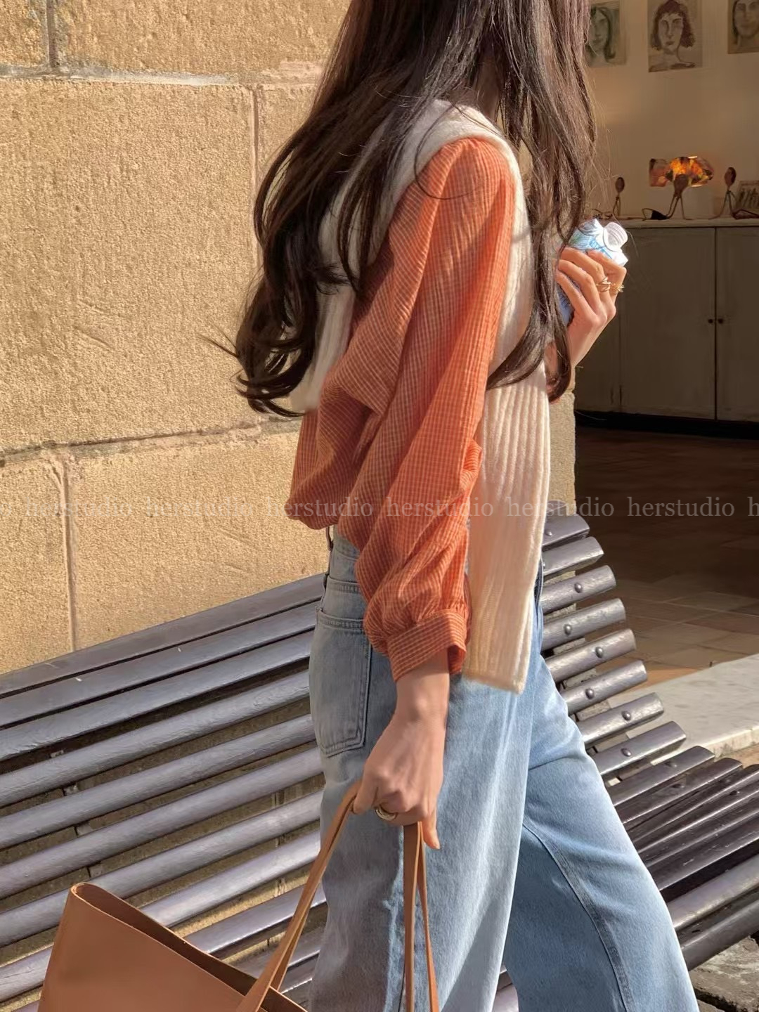 🔥藍現貨 HERStudio韓國代購 貝殼釦U領細格紋襯衫(3col) | 蝦皮購物