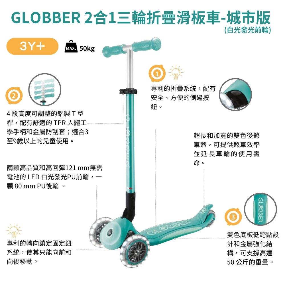 GLOBBER 2合1三輪折疊滑板車城市版(白光發光前輪) 三色可選 | 蝦皮購物