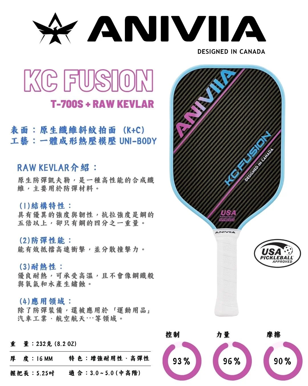 【Aniviia 】【2025 全新KC FUSION 碳纖維匹克球拍】USAPA認證 台灣現貨 贈拍套+2顆球 | 蝦皮購物