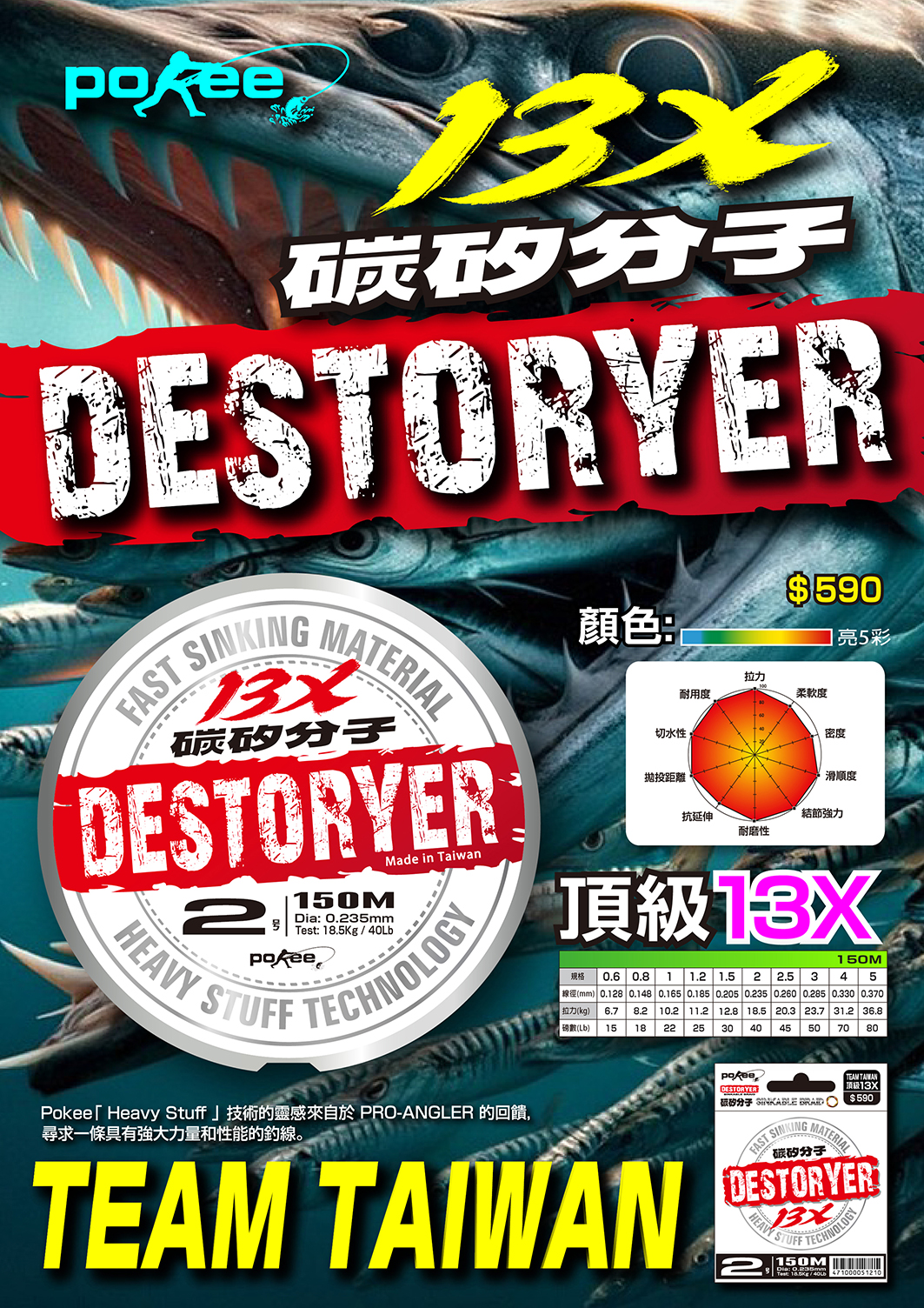 【阿賢釣具】⭐現貨⭐POKEE 太平洋 DESTORYER 頂級13X 五色PE線 150M 13股PE線 13編 布線 | 蝦皮購物