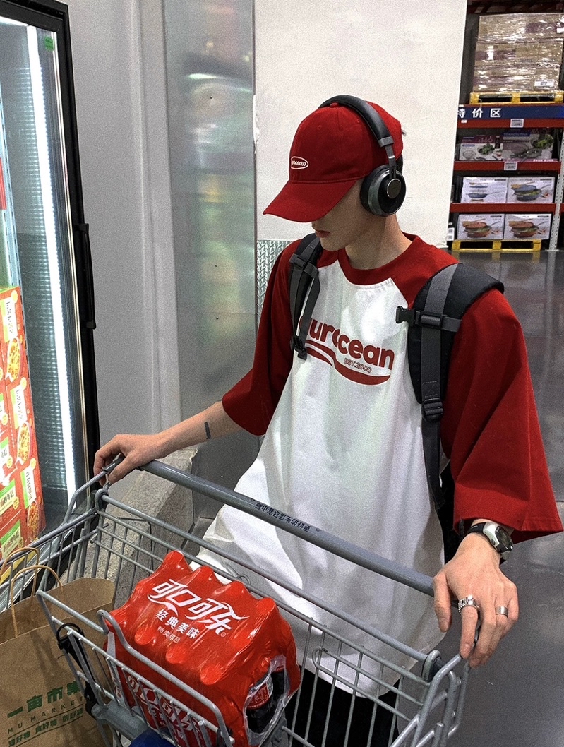 [HYC] Aurocean 插肩短袖 T恤 320克 重磅 全棉 美式 復古 紅白拼接 寬鬆 五分袖 | 蝦皮購物