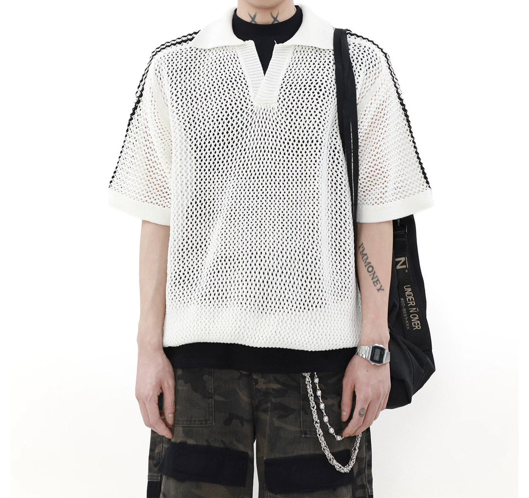 【K-2】INS穿搭 開襟V領 洞洞短t 簍空 透視感 v領 線條 美式復古 短袖 polo衫 洞洞t 網狀【J930】 | 蝦皮購物