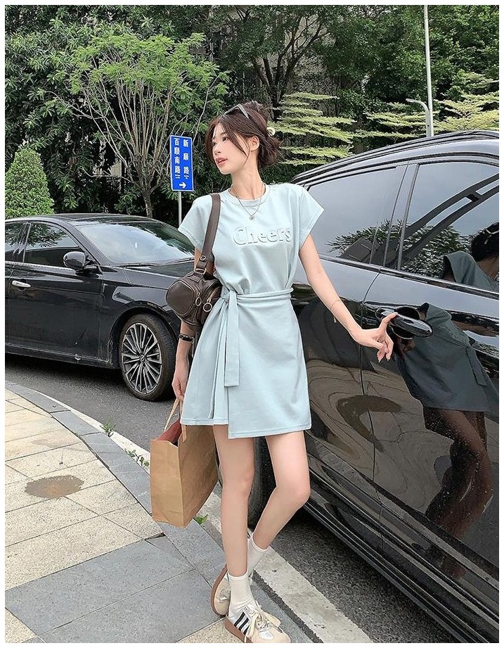 假兩件綁帶短洋裝【1188】PAPI女裝批發價春夏新款韓系INS休閒百搭氣質純欲圓領撞色收腰短袖短版洋裝 連衣裙 連身裙 | 蝦皮購物