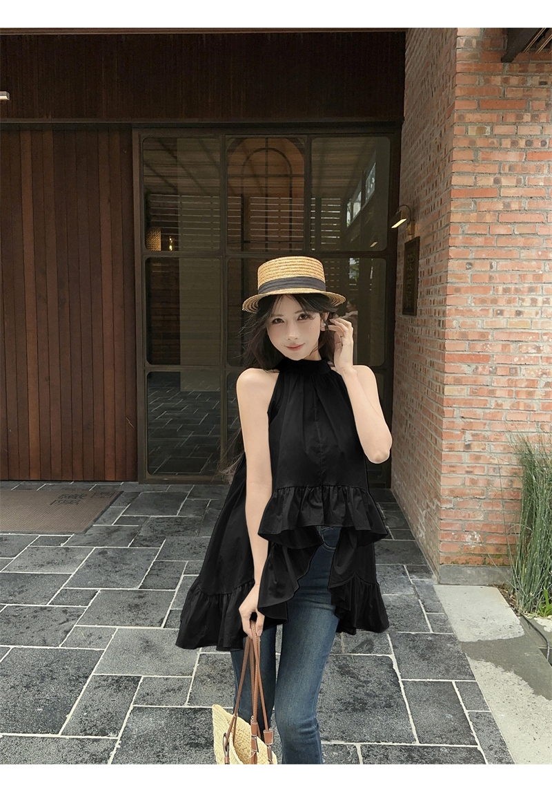 【PAPI】法式美背掛脖削肩上衣 春夏新款韓系INS休閒百搭露肩無袖荷葉邊削肩背心上衣 女裝批發價 【8919】 | 蝦皮購物