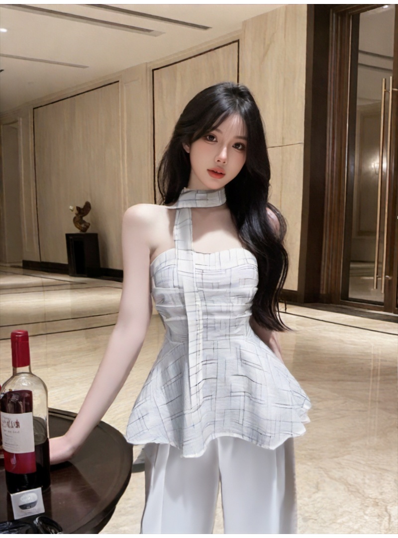 格紋掛脖平口上衣【890】PAPI女裝批發價春夏新款韓系INS修身顯瘦氣質純欲性感辣妹收腰露肩上衣 格子上衣 荷葉邊上衣 | 蝦皮購物