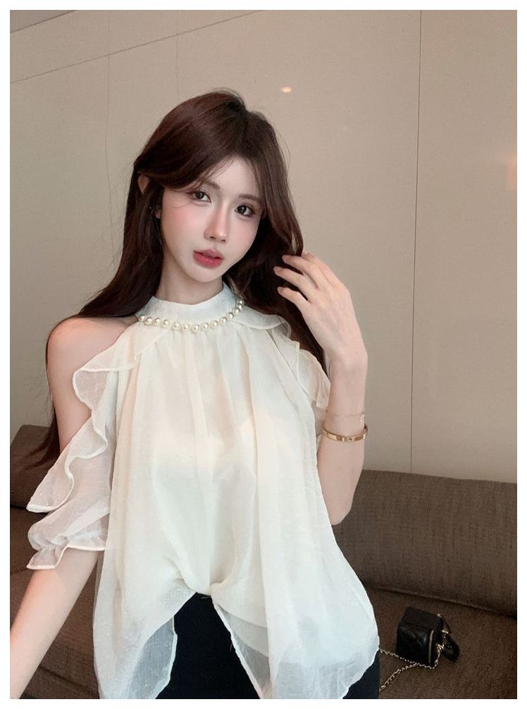 【PAPI】法式露肩珍珠上衣 春夏新款韓系INS氣質純欲 設計感上衣 雪紡衫 雪紡上衣 高領上衣 女裝批發價【6881】 | 蝦皮購物