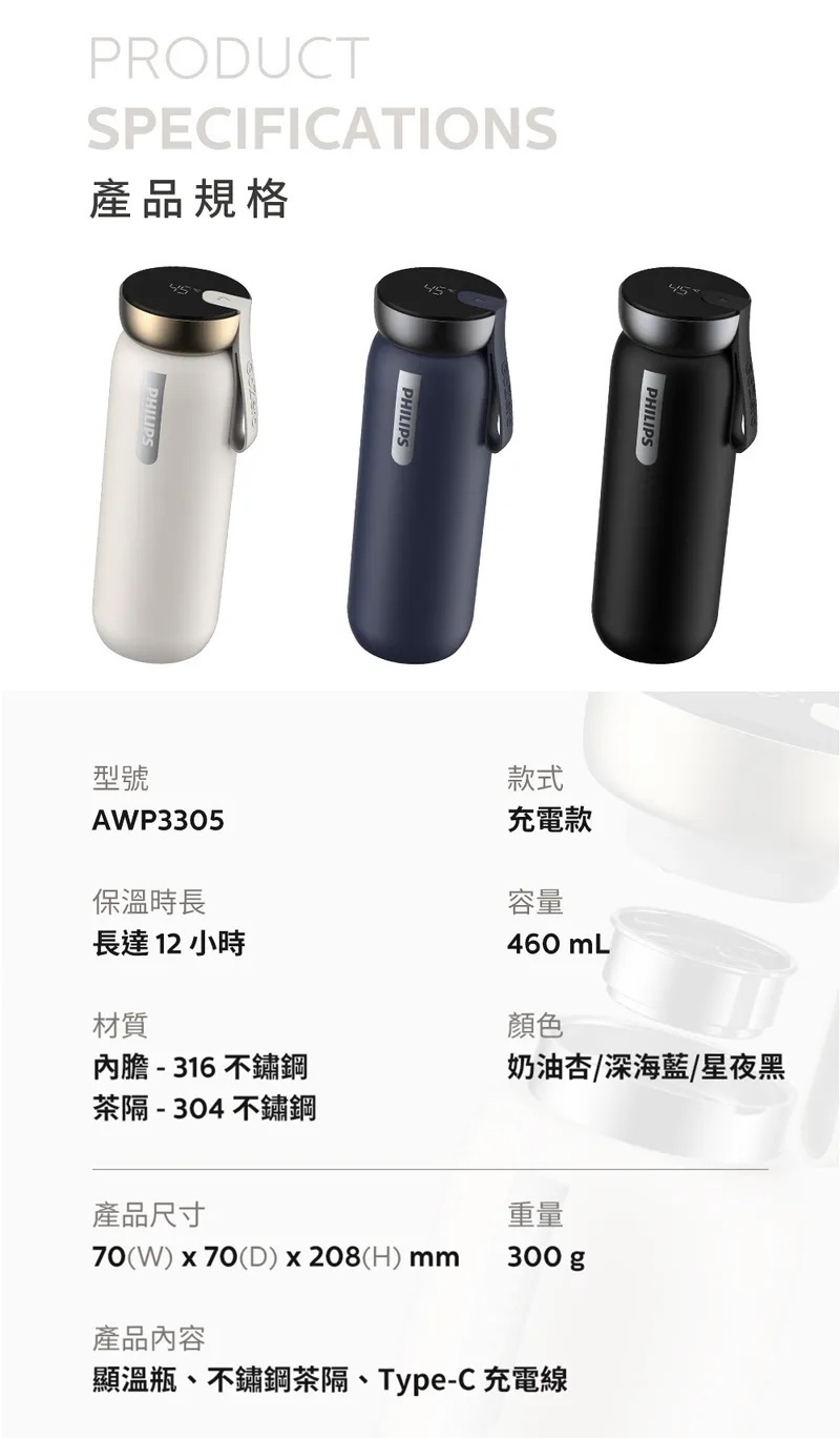 【PHILIPS飛利浦】460ml智能LED顯溫長效保溫瓶 AWP3305 316不鏽鋼 三色可選 | 蝦皮購物