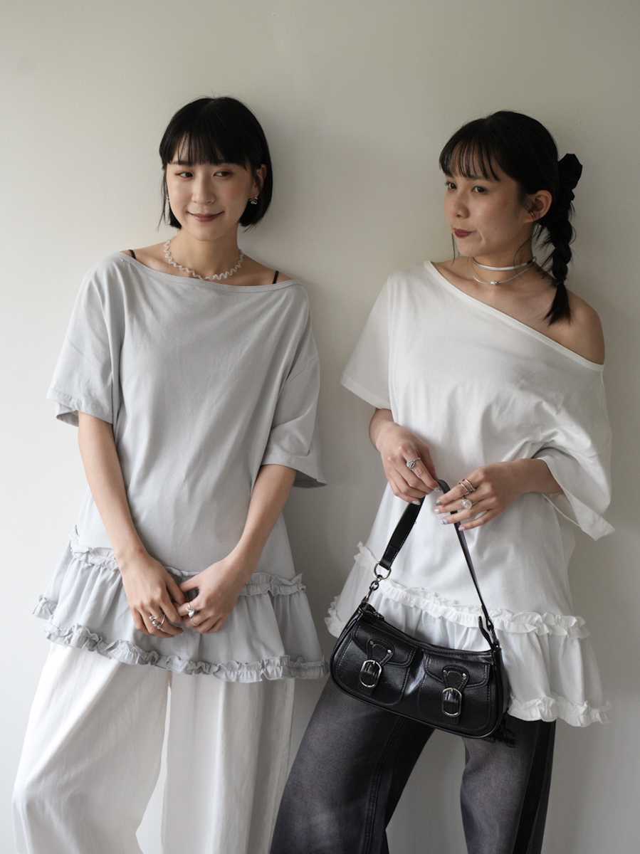 魔王大道 花瓣滾邊斜肩大件tee 2color(現+預購) | 蝦皮購物