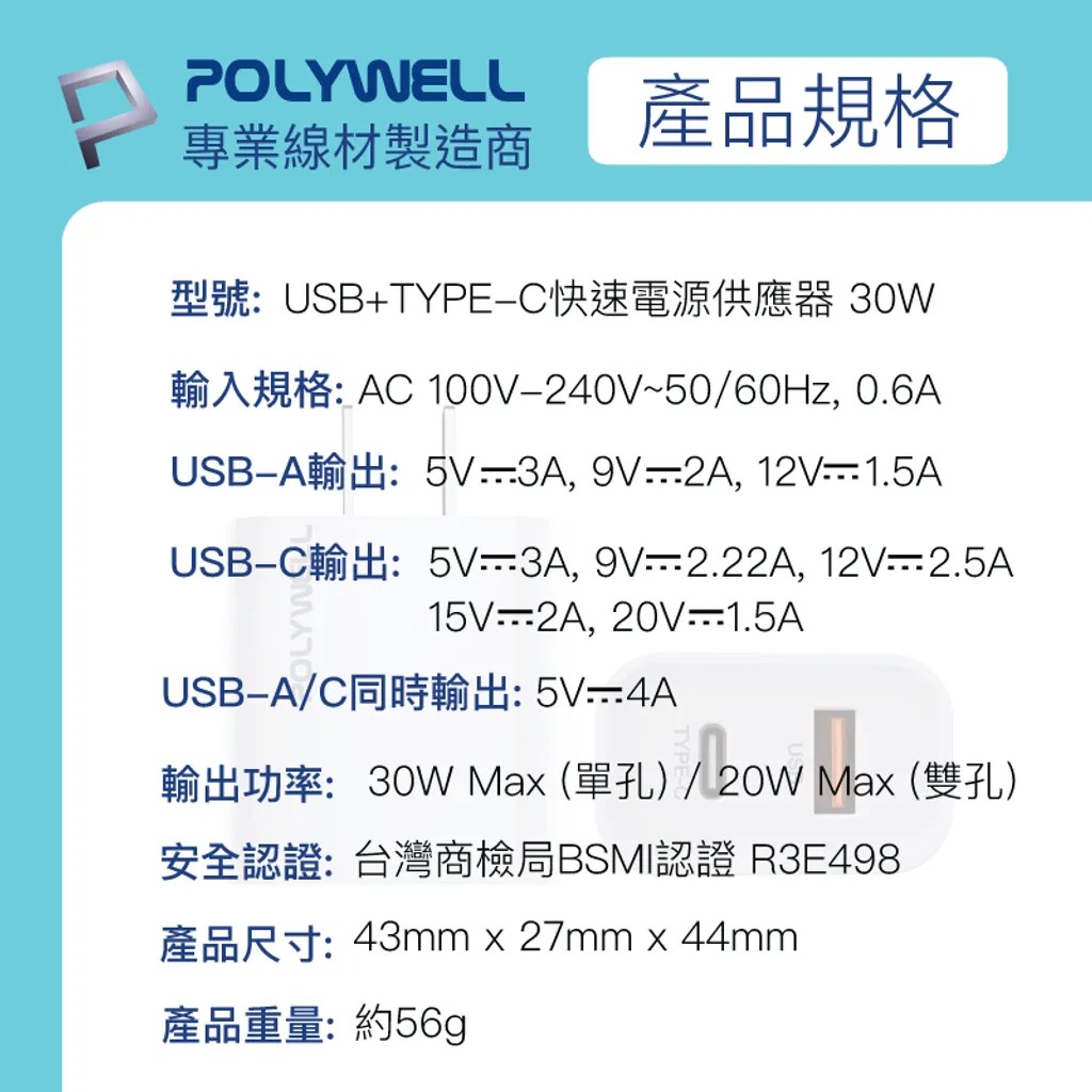 *大象生活館*【POLYWELL】PD雙孔快充頭 30W Type-C充電器 豆腐頭 蘋果iPhone快充 GaN氮化鎵 | 蝦皮購物