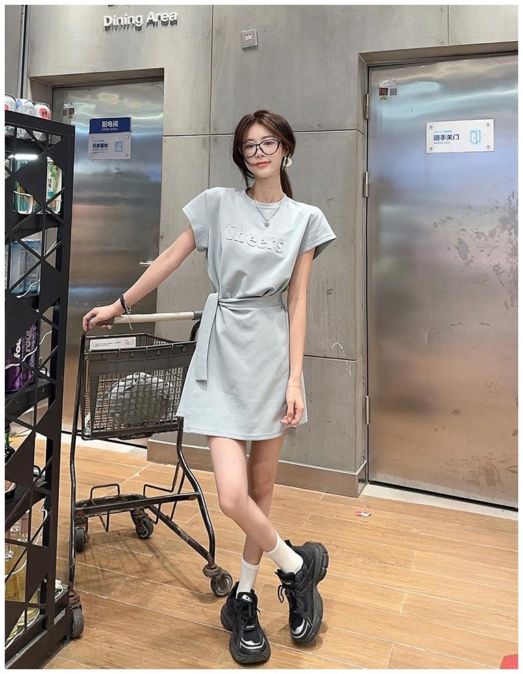 假兩件綁帶短洋裝【1188】PAPI女裝批發價春夏新款韓系INS休閒百搭氣質純欲圓領撞色收腰短袖短版洋裝 連衣裙 連身裙 | 蝦皮購物